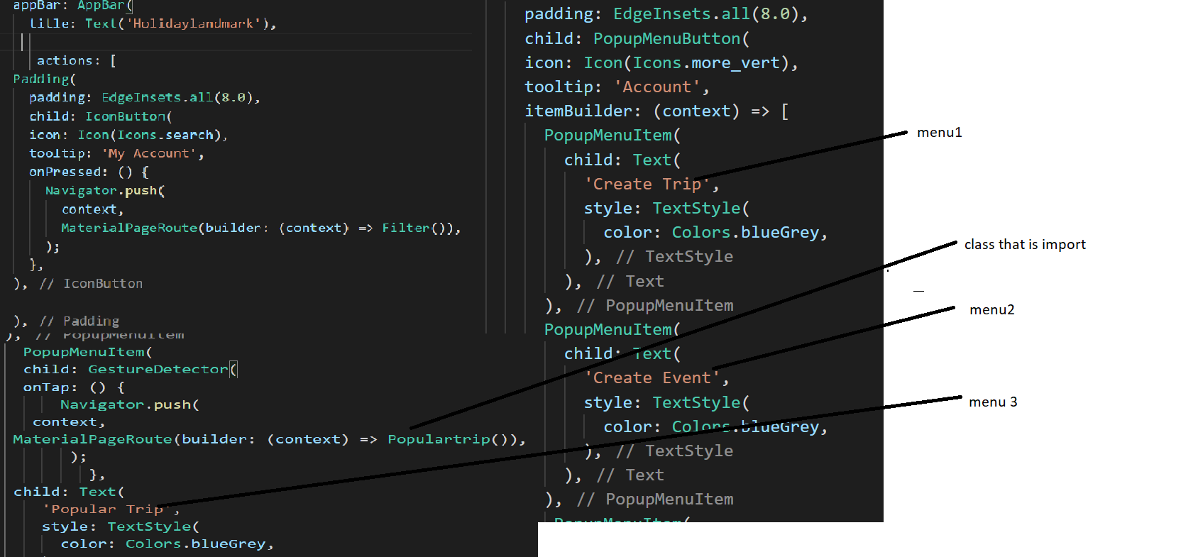 How to create pop up menu in appbar with routing link in Flutter - Artificial Intelligence